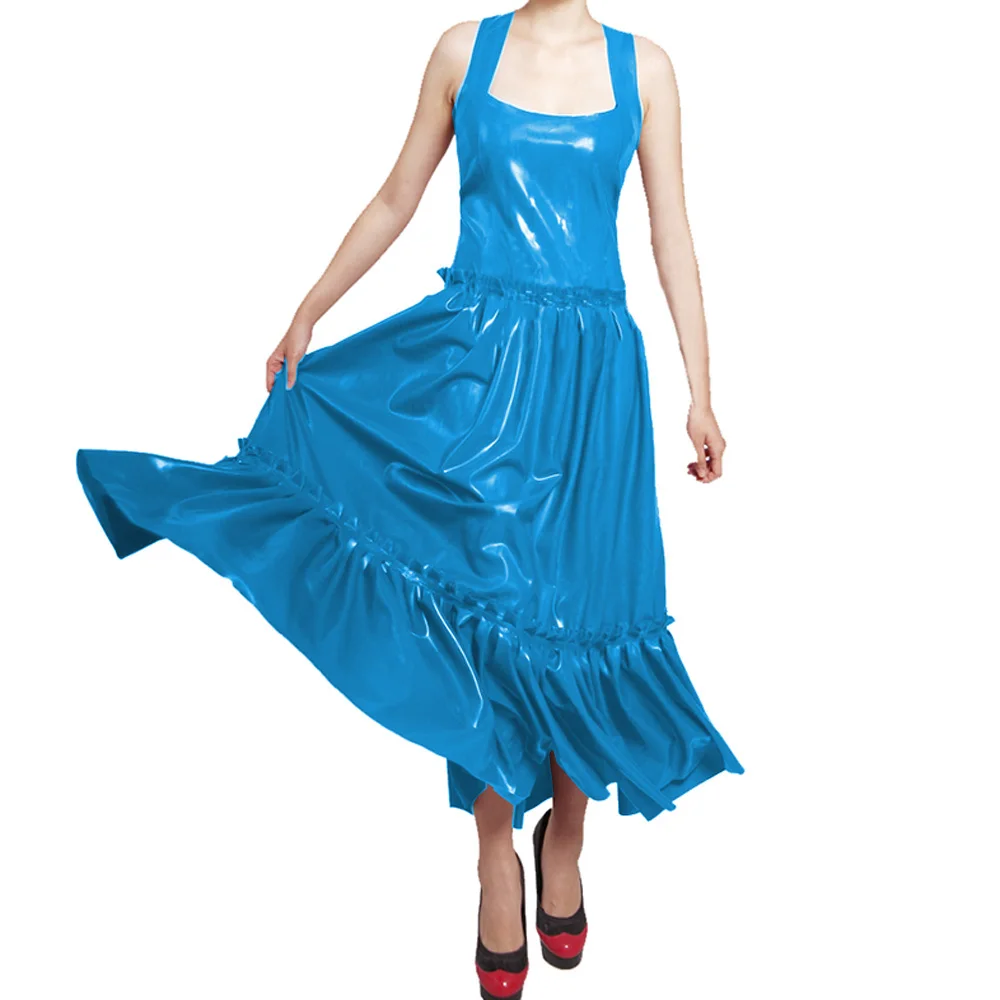 Women-s-PVC-Leather-Sleeveless-A-Line-Long-Dress-with-Ruffles-Female ...