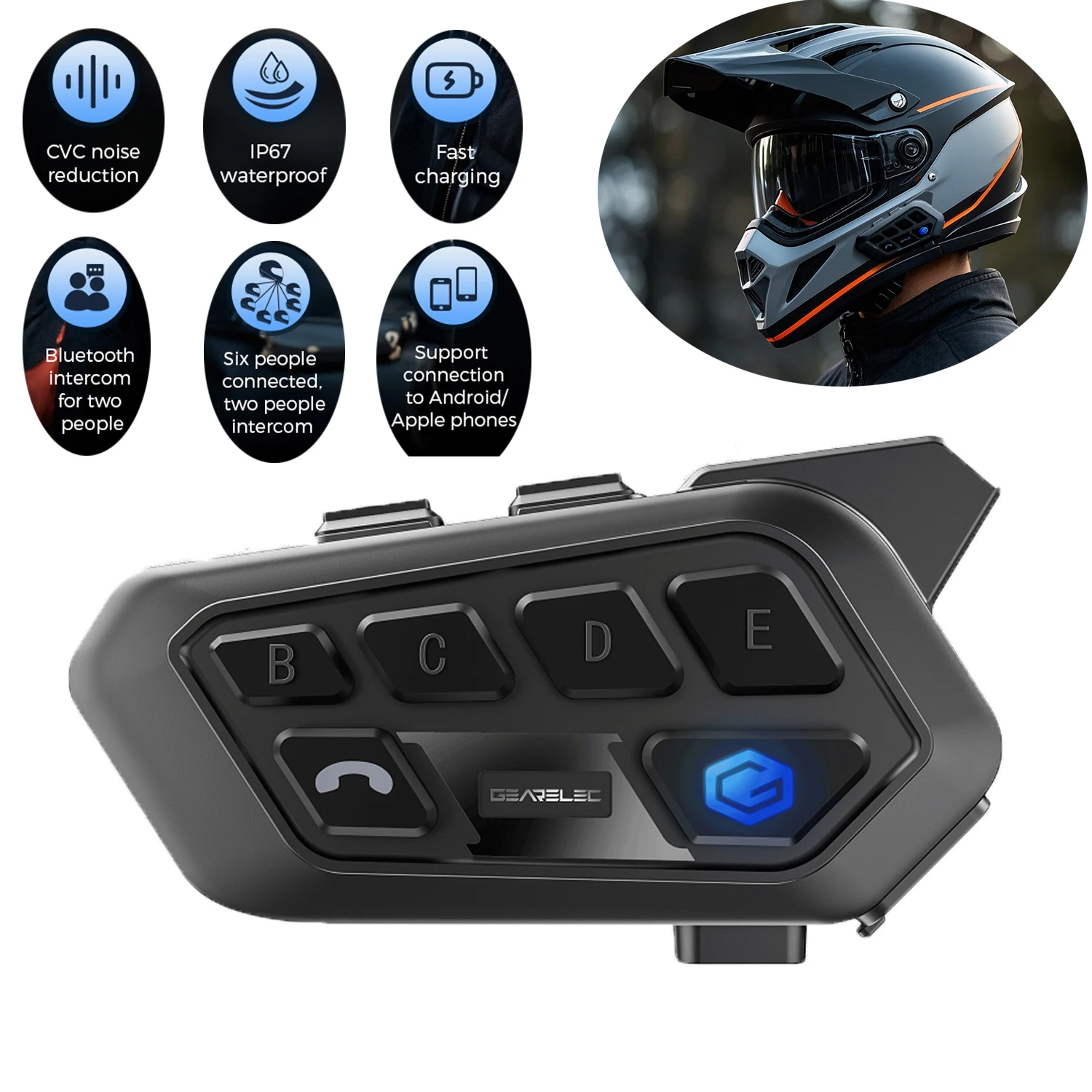 GEARELEC H6 Motorcycle Intercom System 5.3 Hi-Fi Sound Private Call 2 ...