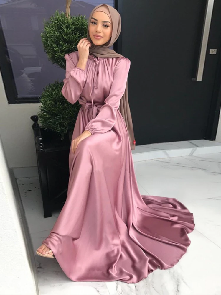 Satin Abaya Lange Muslimischen Kleid Elegante Große Schaukel Belted Hijab Robe Islam Dubai ...