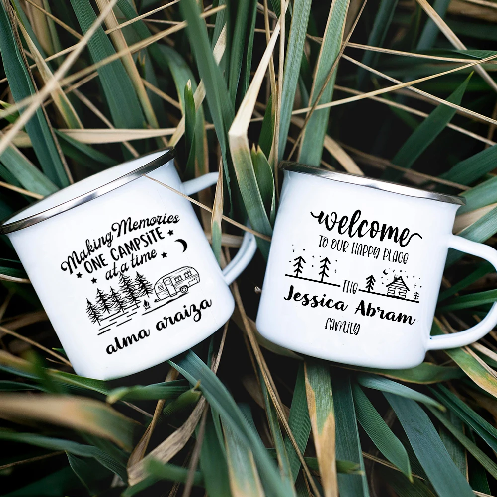 Personalized Camping Mug, Customizable Happy Camper Enamel Mug