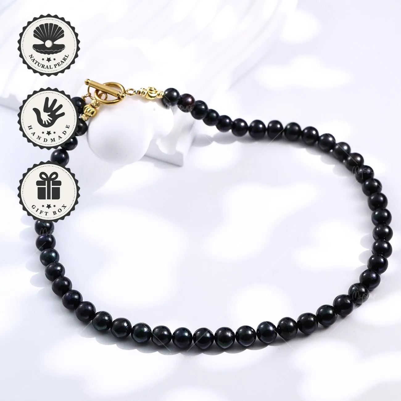 Mysoya Black Freshwater Pearl Necklace 8–9mm With Golden OT Clasp Gift ...