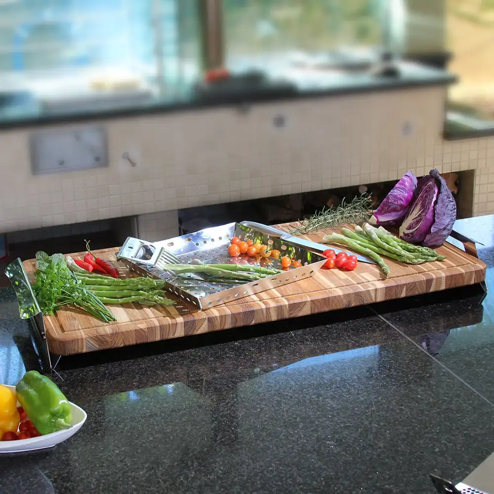 High Countertop Board Teak Wood-Inox-88x43Cm Handles and Foot ...
