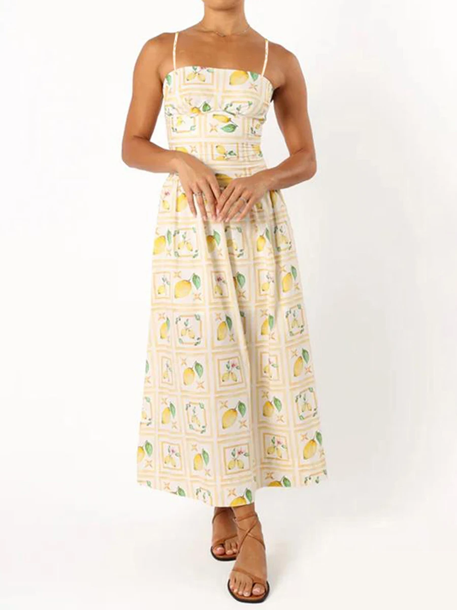 Vestido-longo-de-ver-o-feminino-estampa-de-lim-o-sem-mangas-al-a-de ...