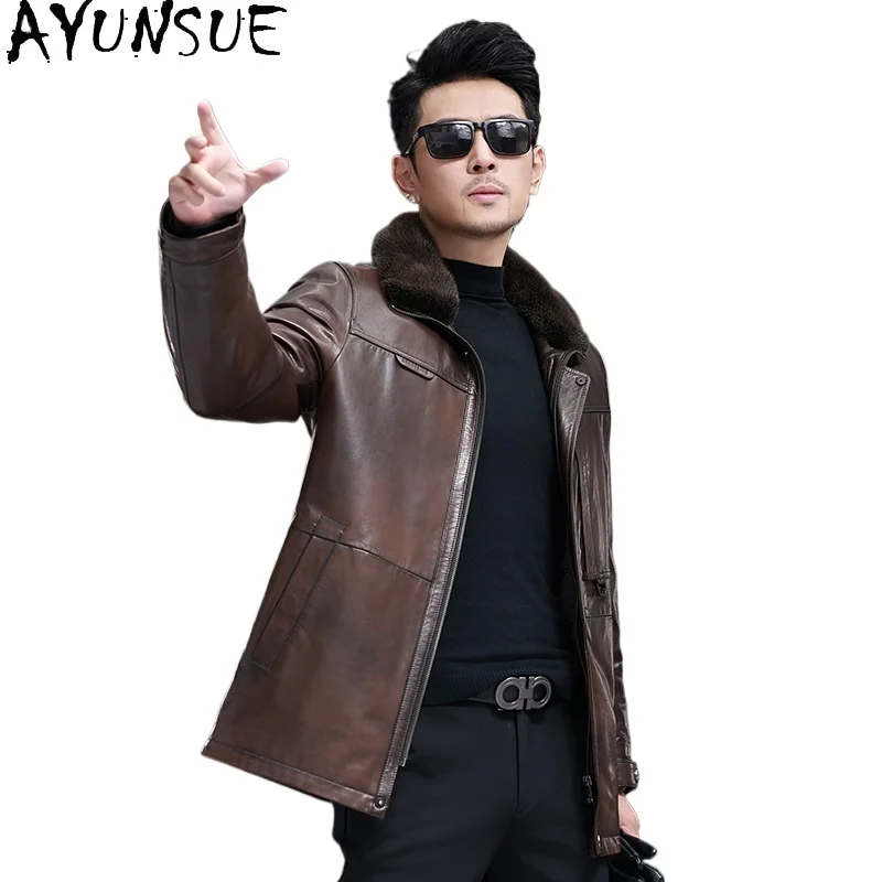 AYUNSUE Quality Genuine Goatskin Leather Jacket Men Winter Luxury ...