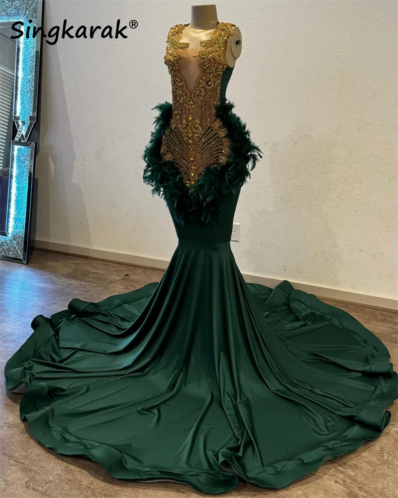 New-Diamonds-Green-Prom-Dress-Gliter-Crystals-Rhinestone-Beads-Feathers ...