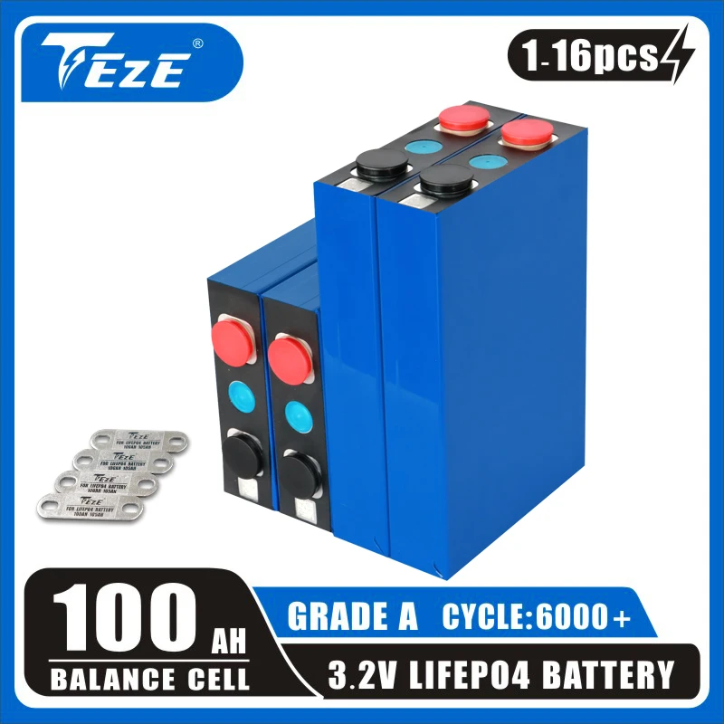 TEZE 1 16PCS 3.2V 100Ah LifePo4 Battery Grade A 105Ah Rechargeable ...