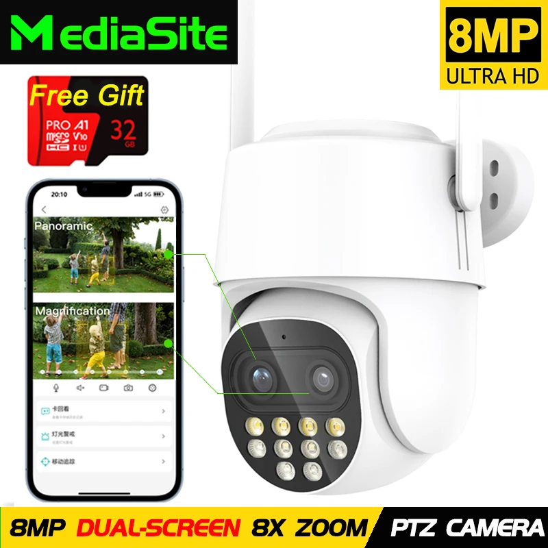 4K 8MP Visão Dupla 2.8 + 12mm 8X Dual Lens PTZ IP AI Câmera WiFi Câmera ...