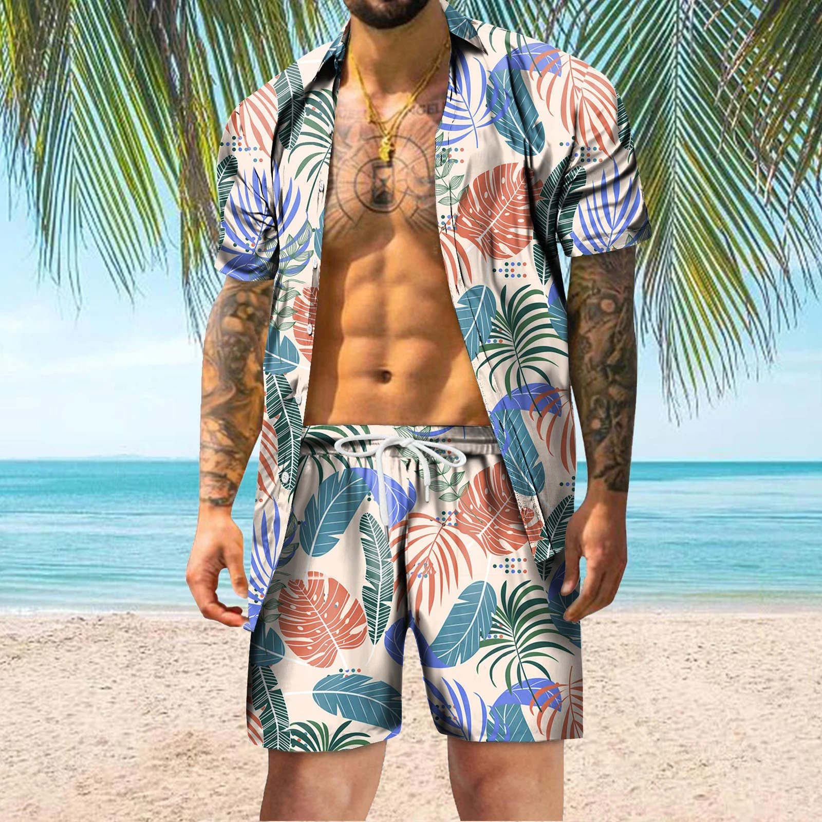 Hawaiian Beachwear 2 Piece Set Bohemian Men Tricô Folha Impressão ...