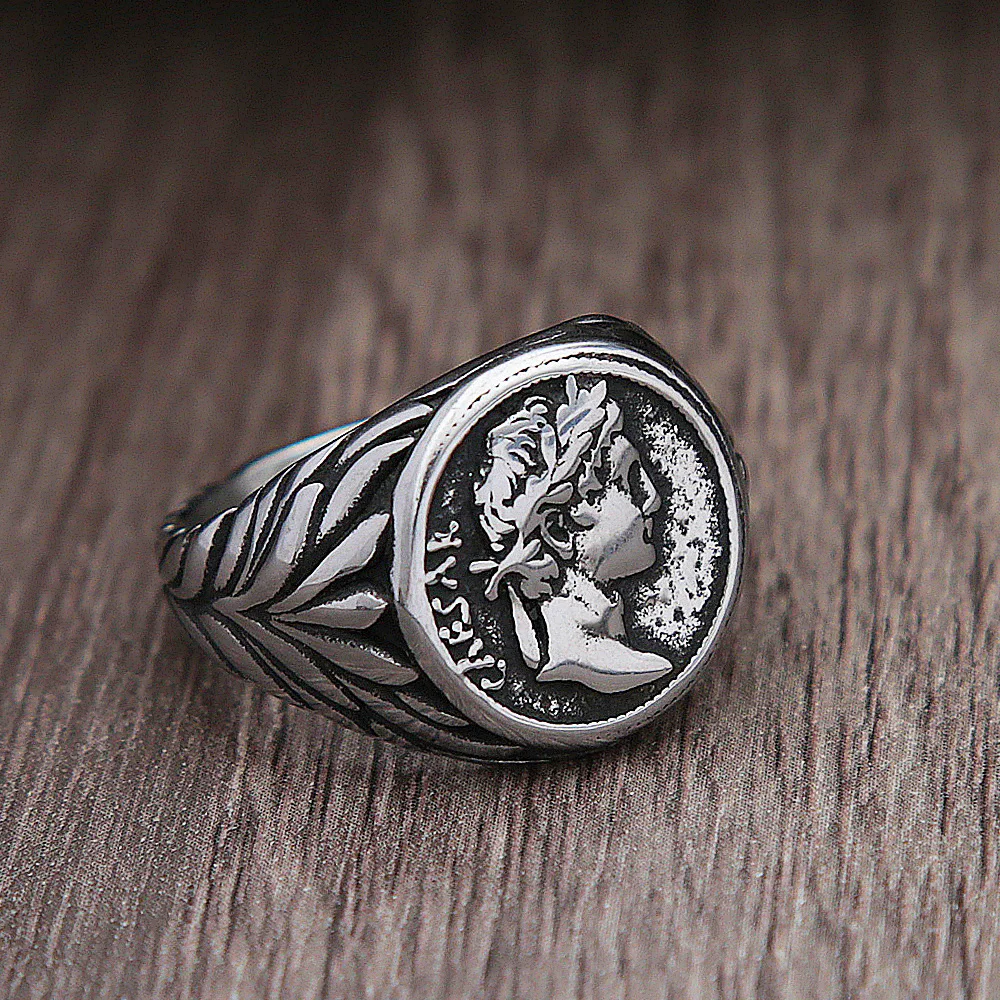 Men Vintage Roman Empire Caesar Rings Stainless Steel Silver Color/Gold Coin Caesar Head Signet ...