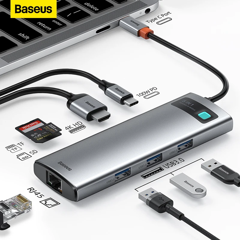Baseus-USB-Type-C-HUB-USB-C-to-HDMI-compatible-RJ45-SD-Reader-PD-100W ...