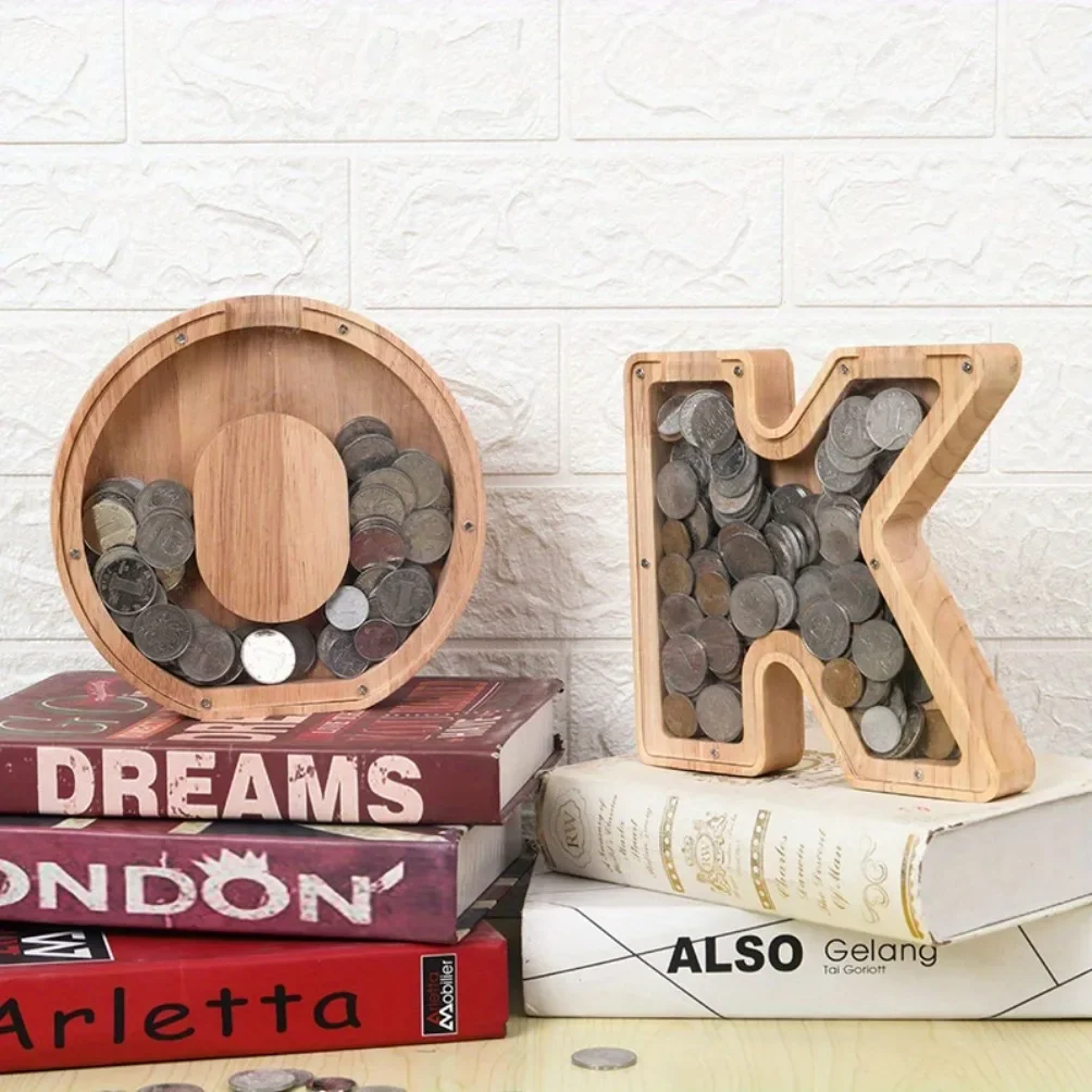 26 Letters English Piggy bank Wooden Coin Money Saving Box Coins ...