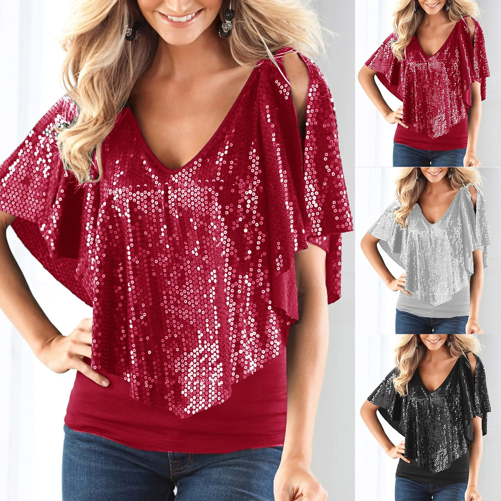 Blusa de lentejuelas para mujer, ropa de fiesta con cuello en V, manga ...