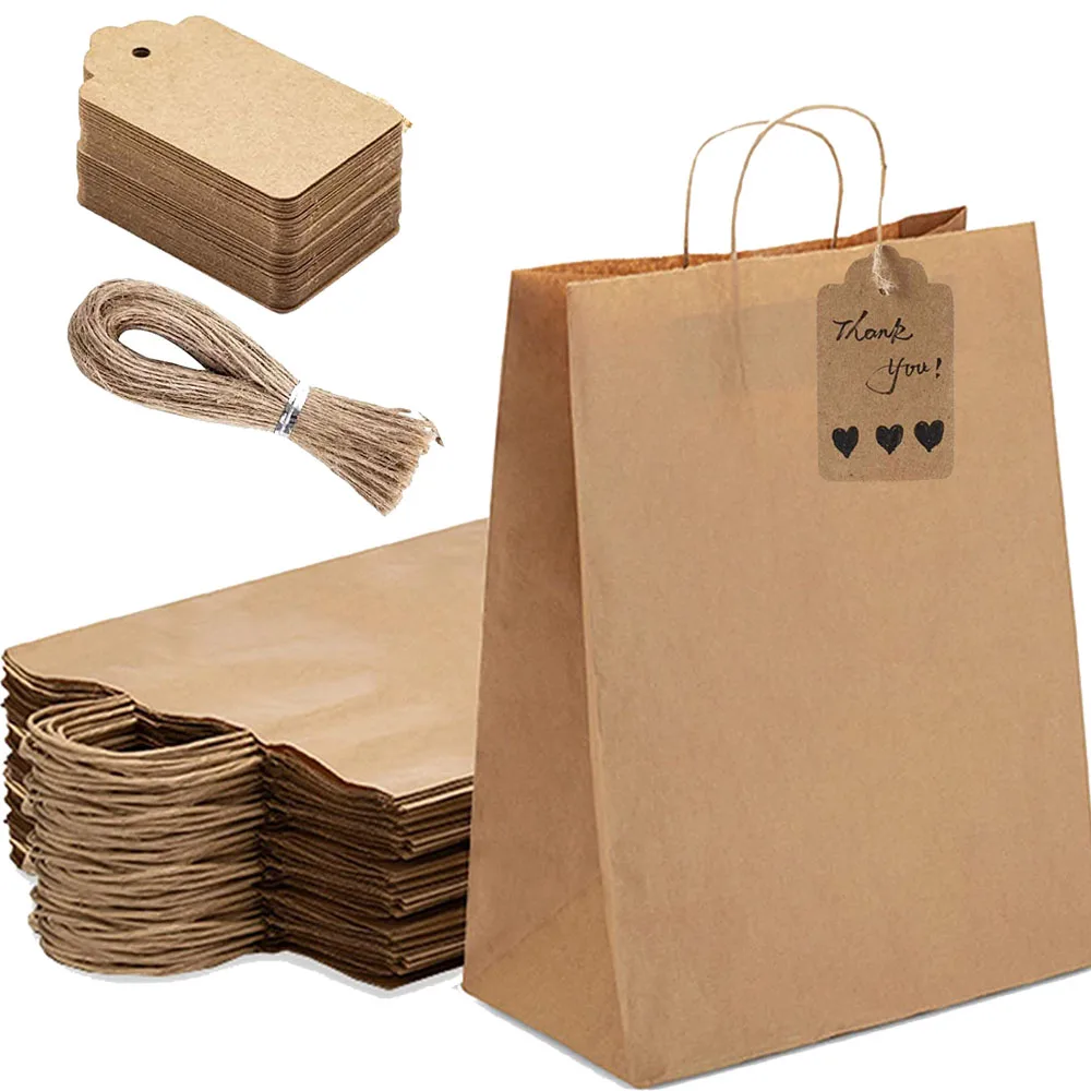100PCS-Paper-Bags-12x6x15CM-With-Gift-Tags-and-Rope-White-Brown-Kraft ...