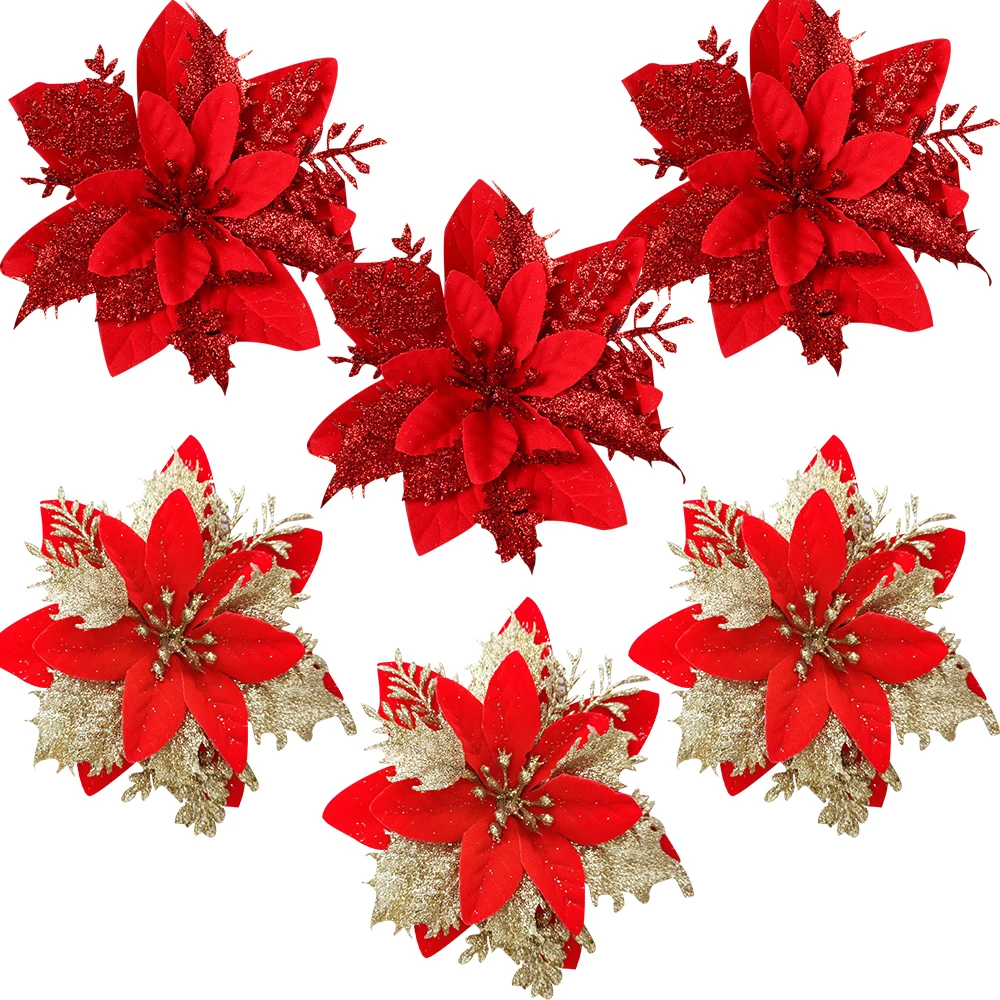 3PCS-Christmas-Flowers-Red-Gold-Bling-Flower-Heads-For-Noel-Home-Tree ...