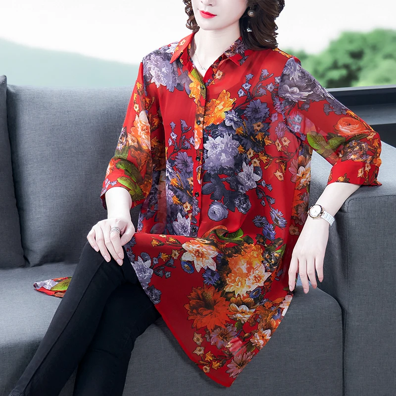 Blouses Vintage Red Summer | Floral Red Shirt Women | Vintage Chiffon ...