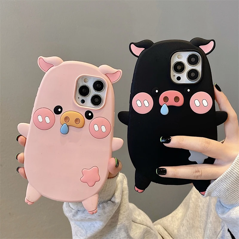 Cartoon-Funny-Snot-Black-Pink-Pig-Silicone-Case-For-iPhone-14-12-11-13 ...