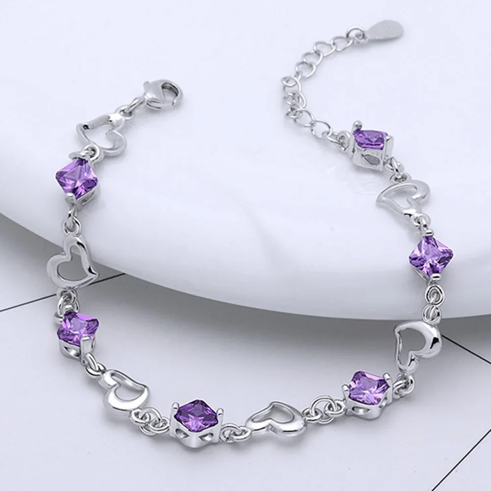 925 Sterling Silver Purple Crystal Heart Bracelet For Women Luxury ...