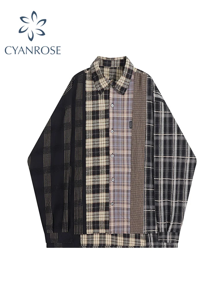 Vintage Patchwork Plaid Shirts Women Autumn Long Sleeve Oversize Button ...