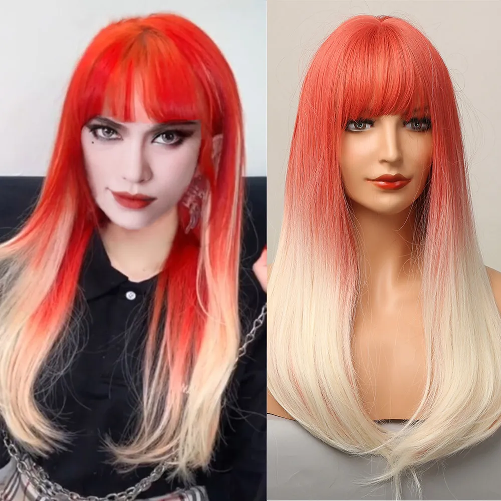 Synthetic Hair Long Straight Wig With Bangs Ombre Christmas Red Wig ...