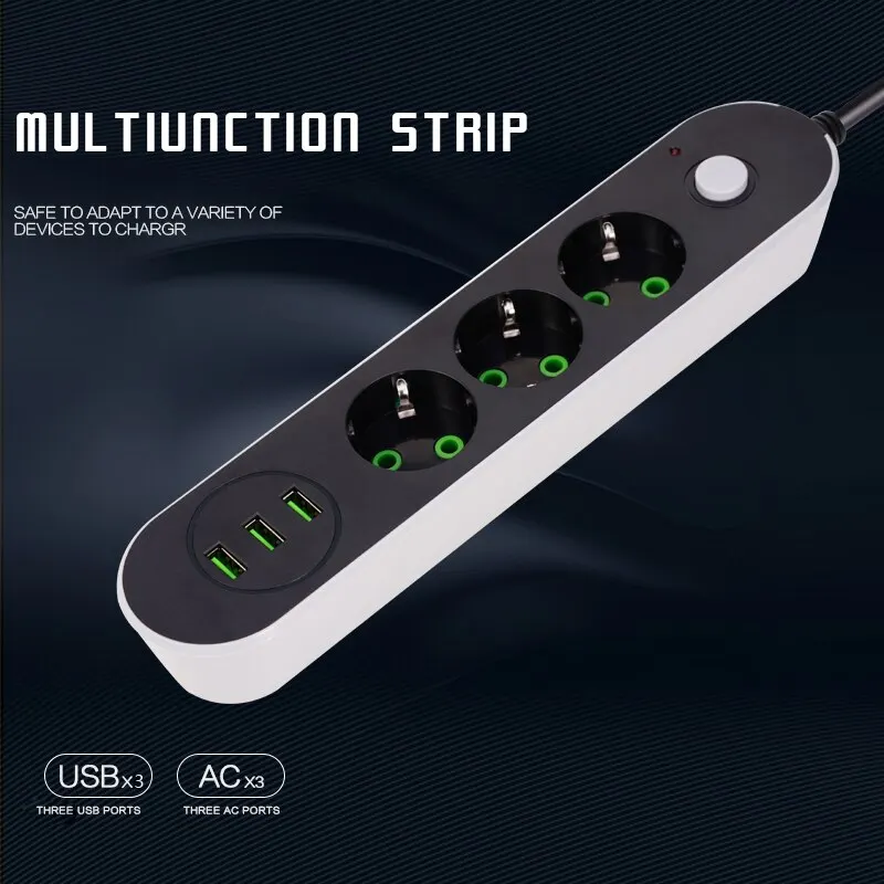 Extension-Cord-Power-Strip-Socket-EU-Plug-3-USB-Charging-2M-3M-5M-Power ...