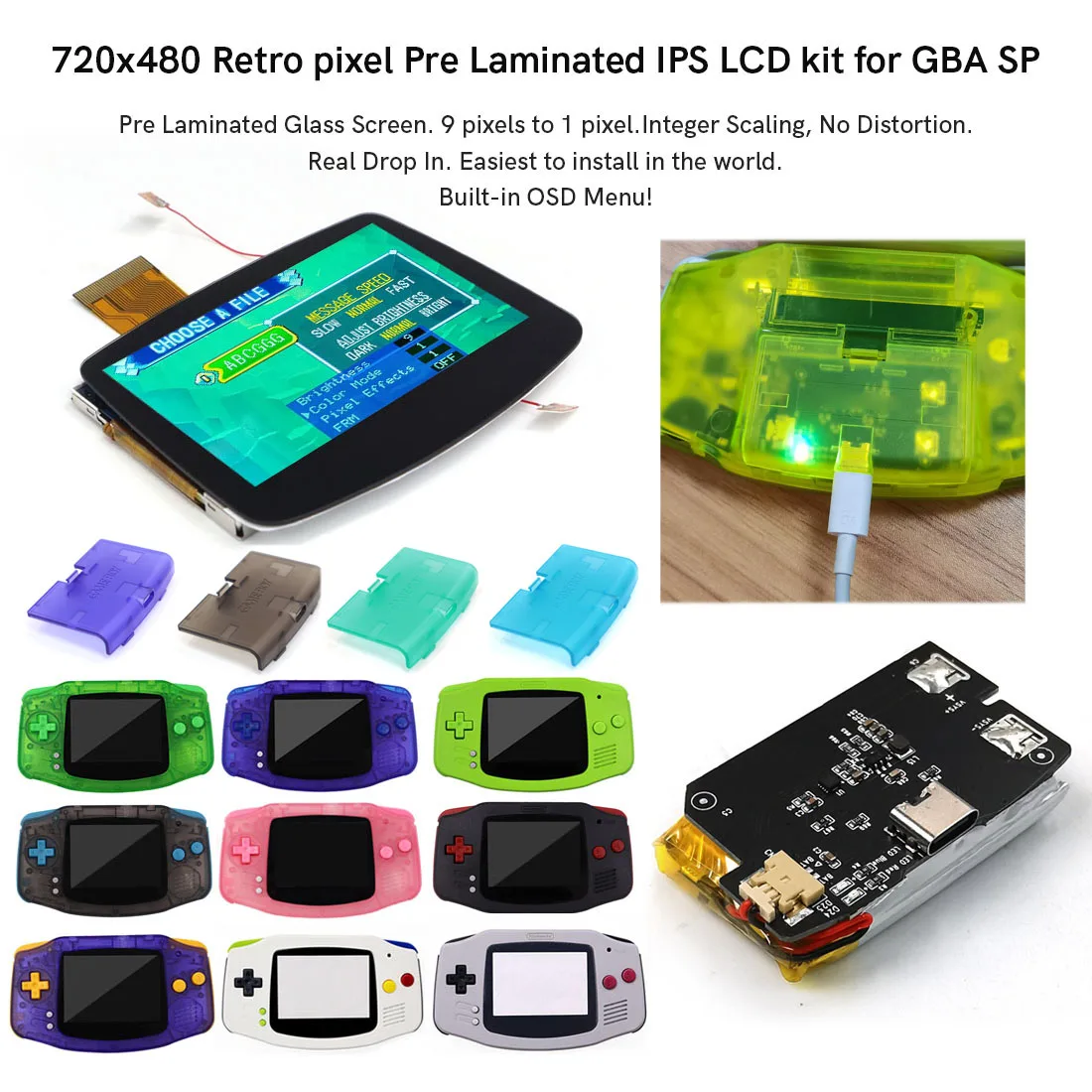Drop-In-GBA-IPS-V5-LCD-Screen-Kits-W-Customized-1800mAh-Built-in ...
