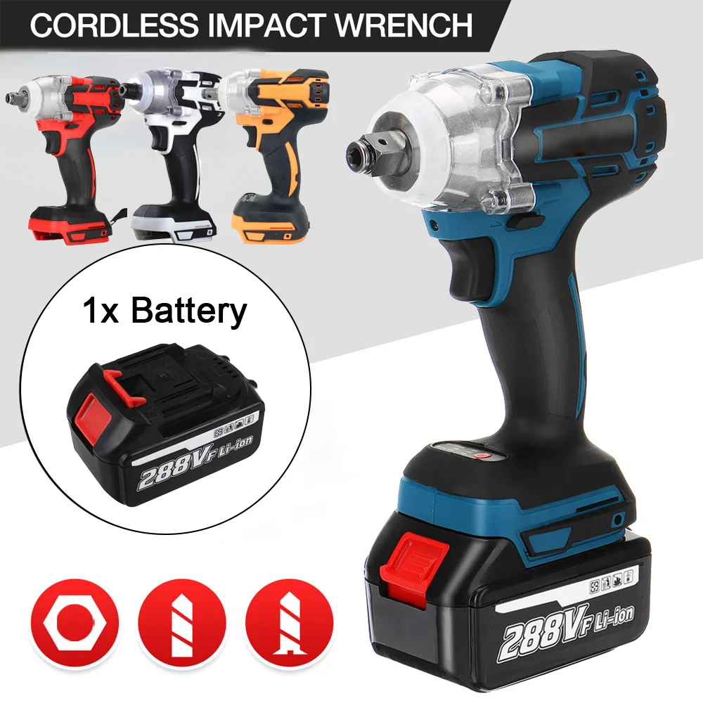 Brushless Electric Impact Wrench Rechargeable 288VF Battery 1/2" Cordless Wrench Screwdriver ...