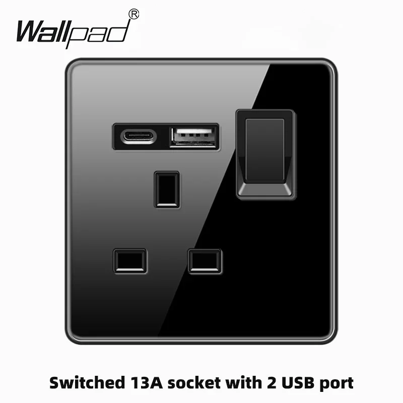 Black Glass 3*3 UK Saudi Switched Socket with USB Type C+A TV Data RJ45 ...