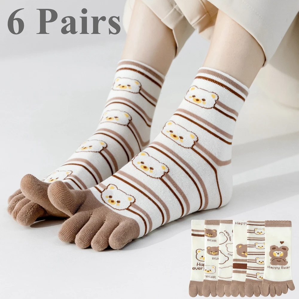 6 Pairs Bear Cute Toe Socks Women Five 5 Fingers Socks Cotton Sports ...