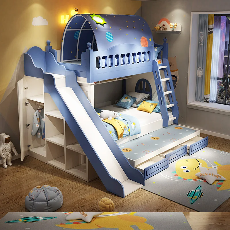 Litera superior e inferior para niños, cama ajustable en altura, pequeño apartamento, litera de ...