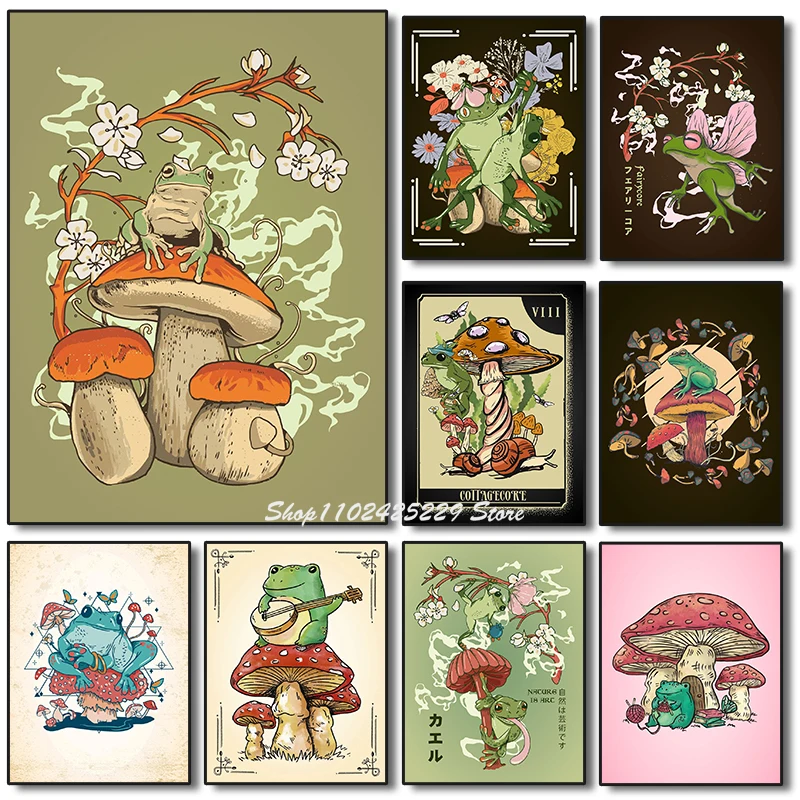 Cottagecore-Frog-Mushroom-Poster-Mushrooms-and-Frogs-Canvas-Printing-Painting-Wall-Art-Living ...