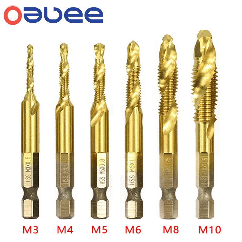 1/2/3/6PCS Titanium Plated Hex Shank HSS Screw Thread Metric Tap Drill ...