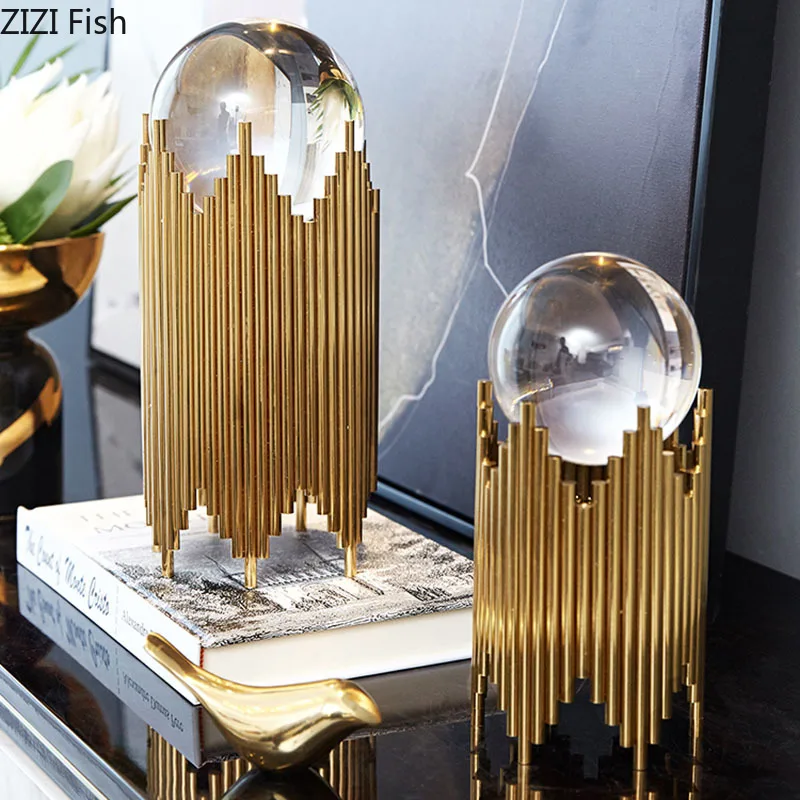 European-Crystal-Ball-Metal-Artwork-Sculpture-Golden-Base-Living-Room ...