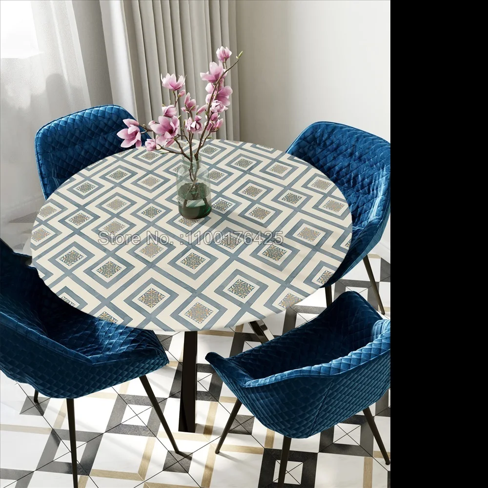 Abstract-Circular-Geometry-Art-White-Blue-Round-Elastic-Edged-Table ...