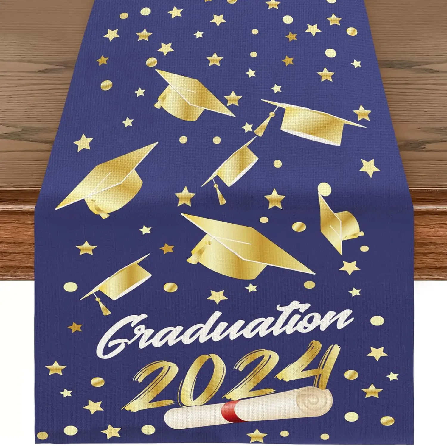 Mortarboard-and-Star-Linen-Table-Runners-for-Graduation-Blue-Gold ...