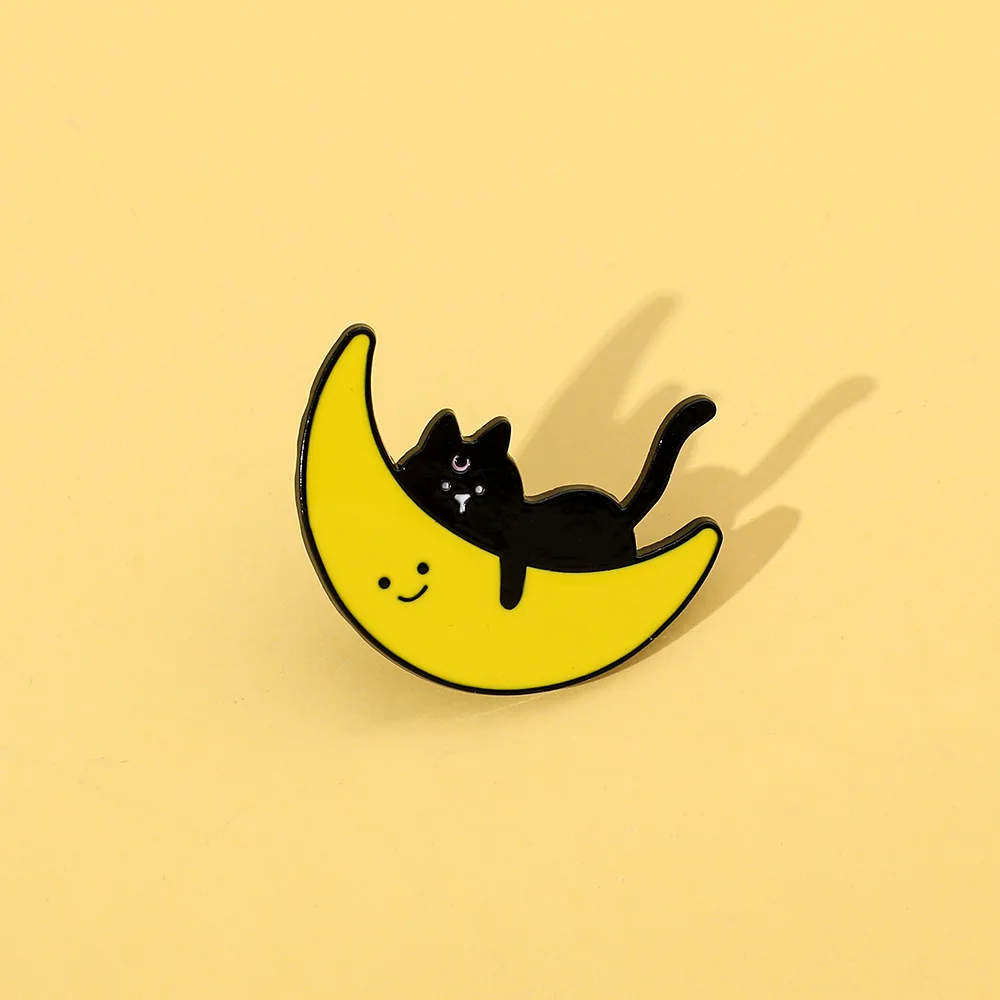 Cute-cartoon-cat-brooch-sleeping-on-the-moon-black-cat-metal-badge ...