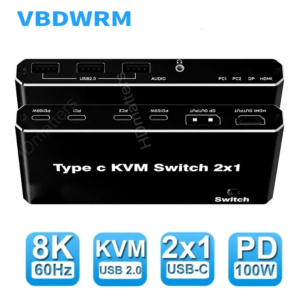 2x1 8K Thunderbolt 3 USB C KVM Switch 100W PD Charger 8K 60Hz Type C ...