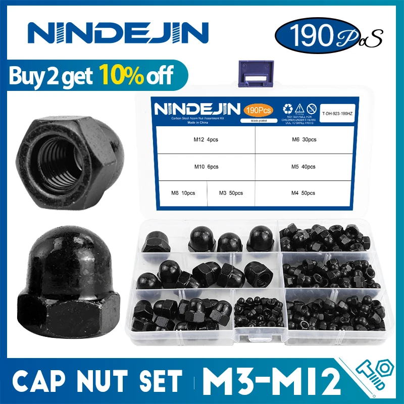 NINDEJIN 190pcs Cap Nut Set Black Carbon Steel M3 M4 M5 M6 M8 M10 M12 ...