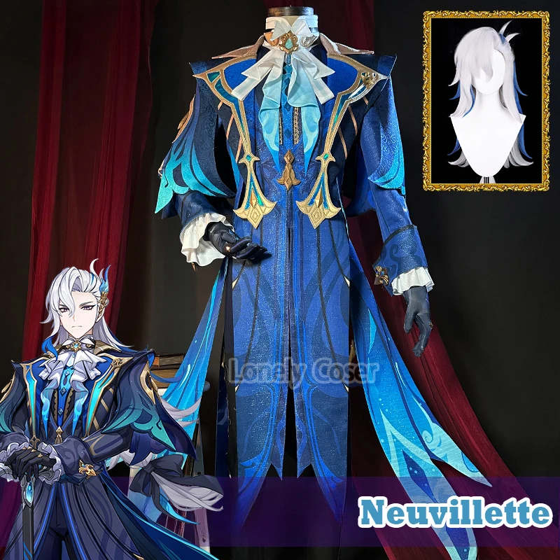Genshin Impact Neuvillette Cosplay Costume Wig Uniform Headwear Cloak ...