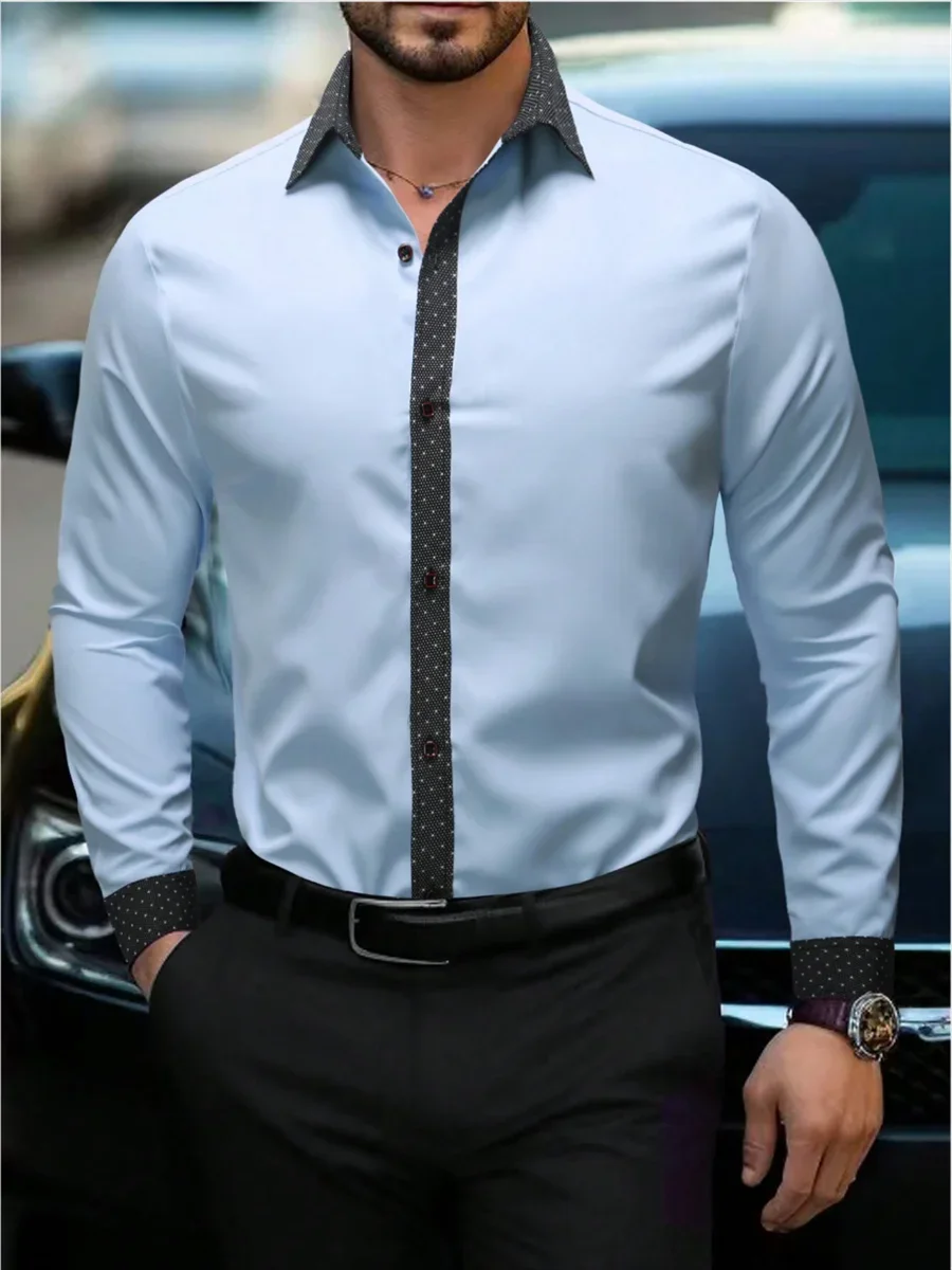 New-men-s-shirt-printed-collar-formal-long-sleeved-solid-color-clothing ...