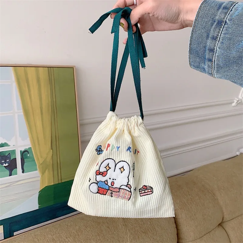 귀여운 만화 자수 작은 드로스트링 가방 여자 아이 핸드백 쥬얼리 립스틱 화장품 토트 로프 가방 보관 파우치 스트링 백