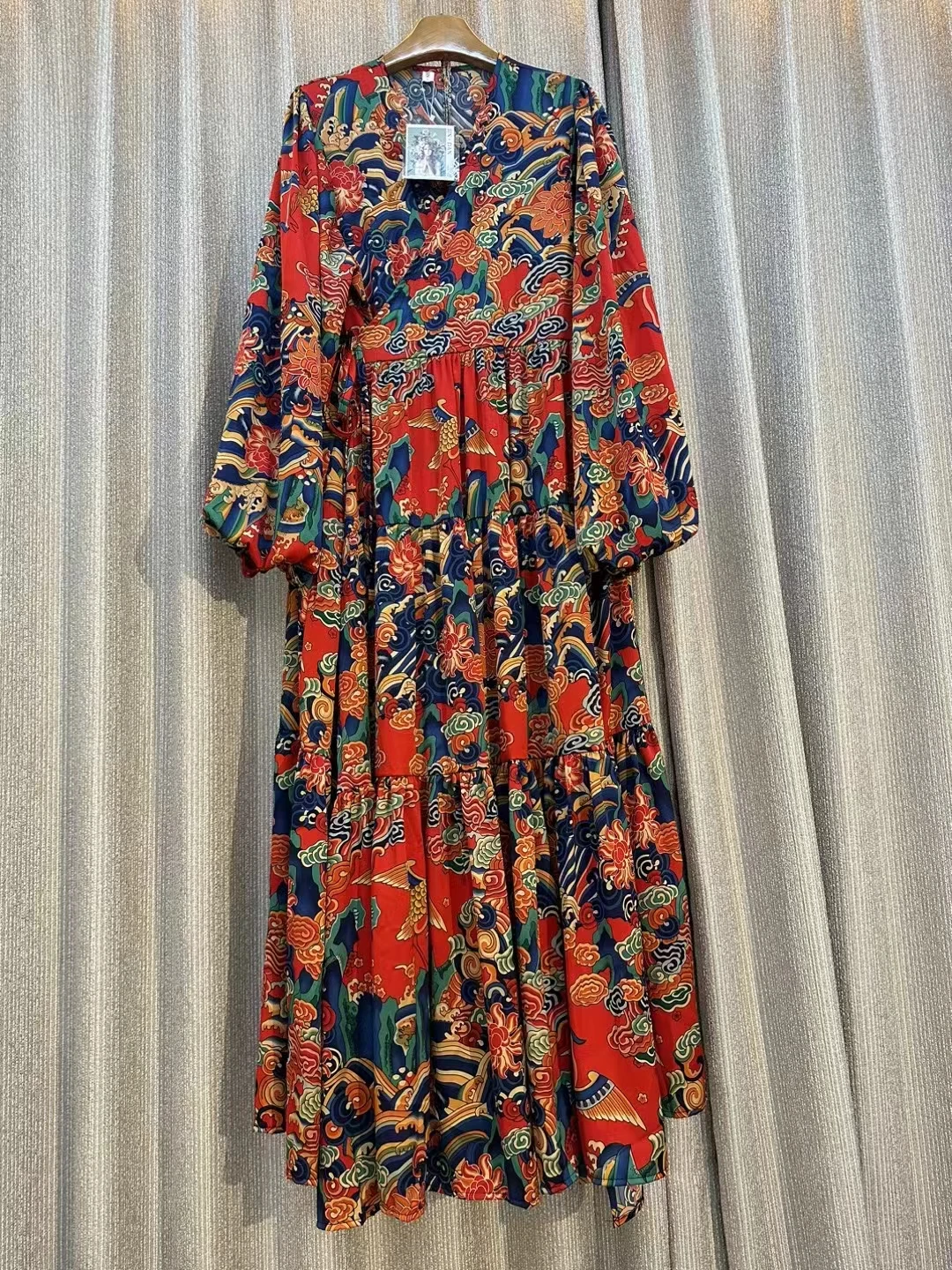 Holiday-Maxi-Dress-for-Women-Floral-Printed-V-neck-Lantern-Sleeve-Lace ...