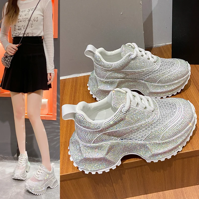 Women's Sneakers Lace-Up High Heel Platform Shoes Crystal Designer ...