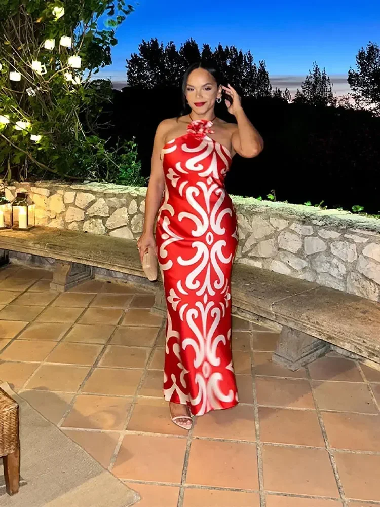Fashion Print Halter Maxi Dress For Women Elegant Off Shoulder ...