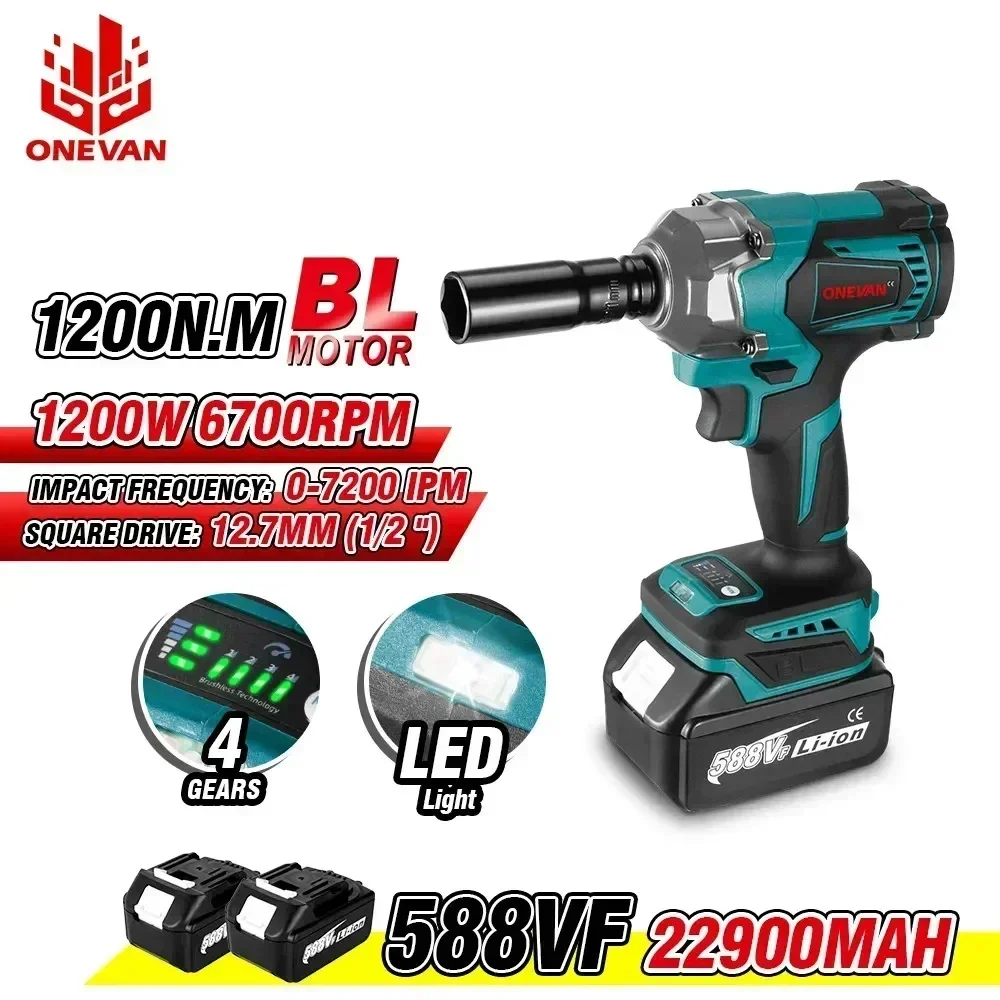 ONEVAN 1200N.M Torque Brushless Electric Impact Wrench 1/2 Inch ...