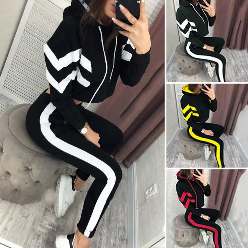 1 Set Popular Tracksuit Women Sweatshirt Sweatpants Contrast Color ...