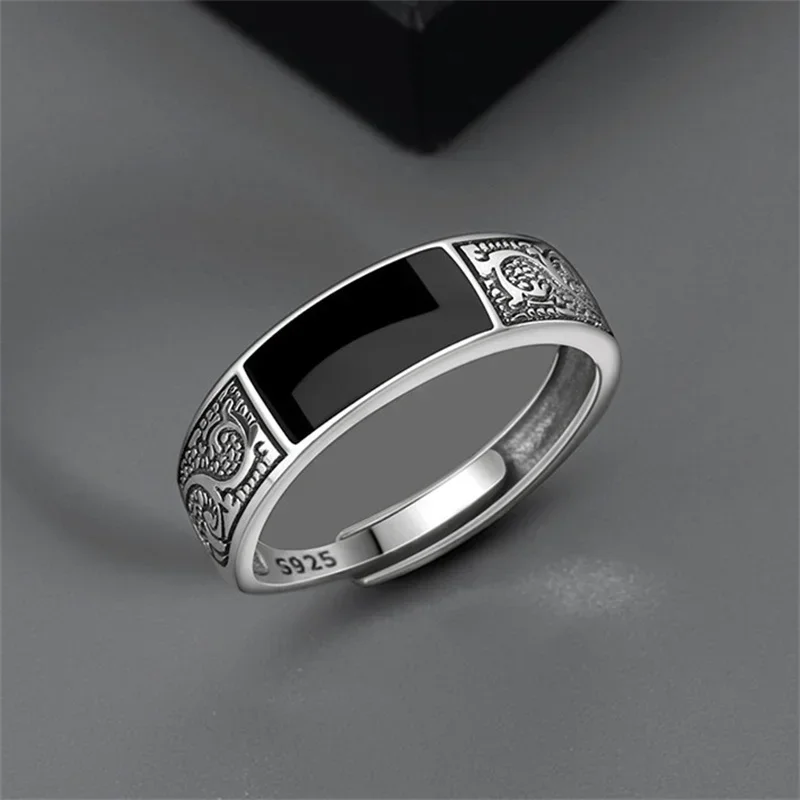 Trendy-S925-Alloy-Ring-for-Men-Jewelry-Black-Rectangle-Retro-Dragon ...