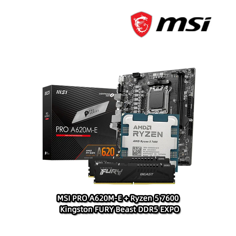 AMD Ryzen 5 7600 R5 7600 CPU + MSI PRO A620M E Motherboard + Kingston ...