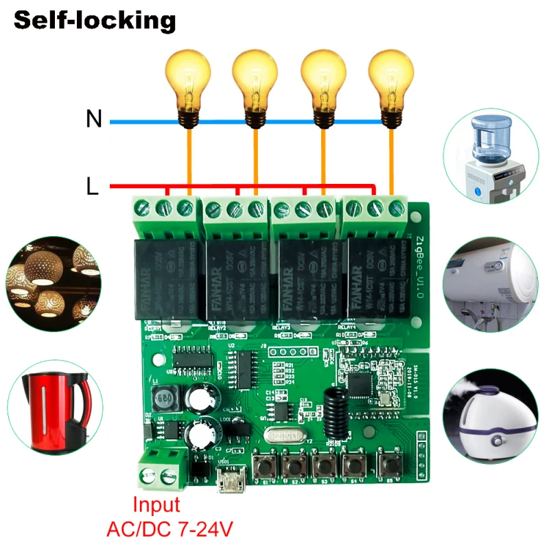 Ewelink Zigbee+RF433 4-way DIY Self-locking Switch Control Module Smart ...