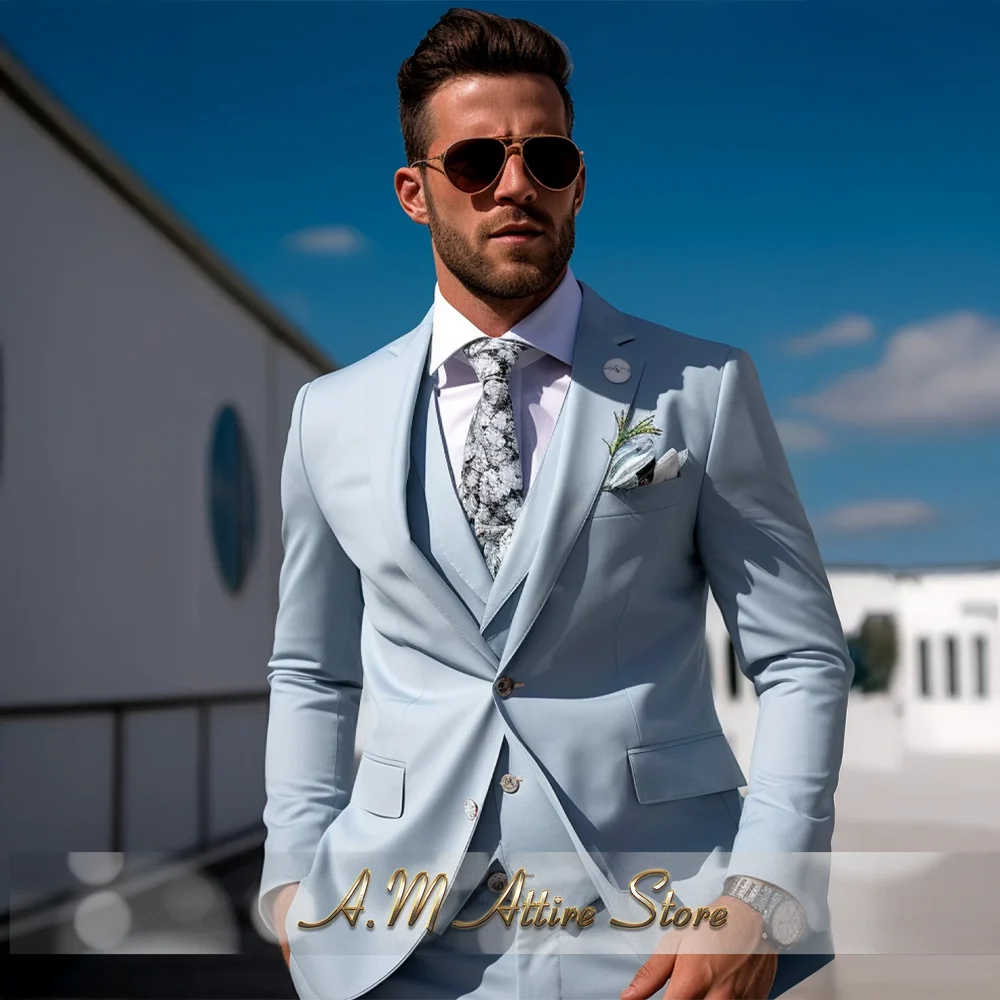 Elegant Icy Blue 3 Pcs Suit for Men Shawl Lapel Jacket Vest Pants Set ...
