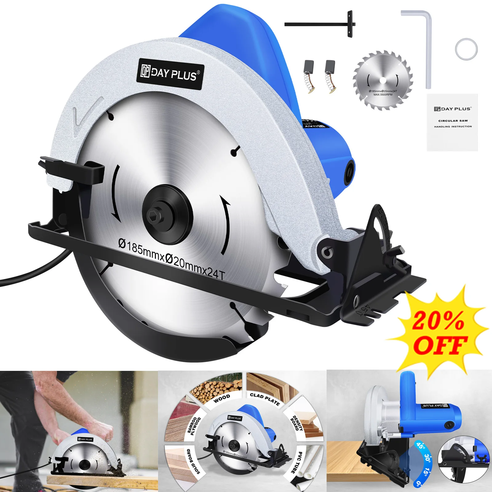 DayPlus Circular Saw, 1500W 5000RPM Electric Power Circular Saw with ...
